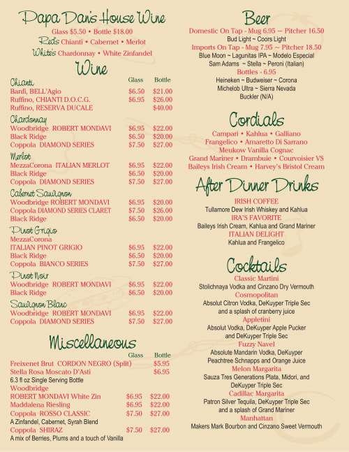 Papa Dan's Pizza & Pasta menu in Palm Desert, California, USA