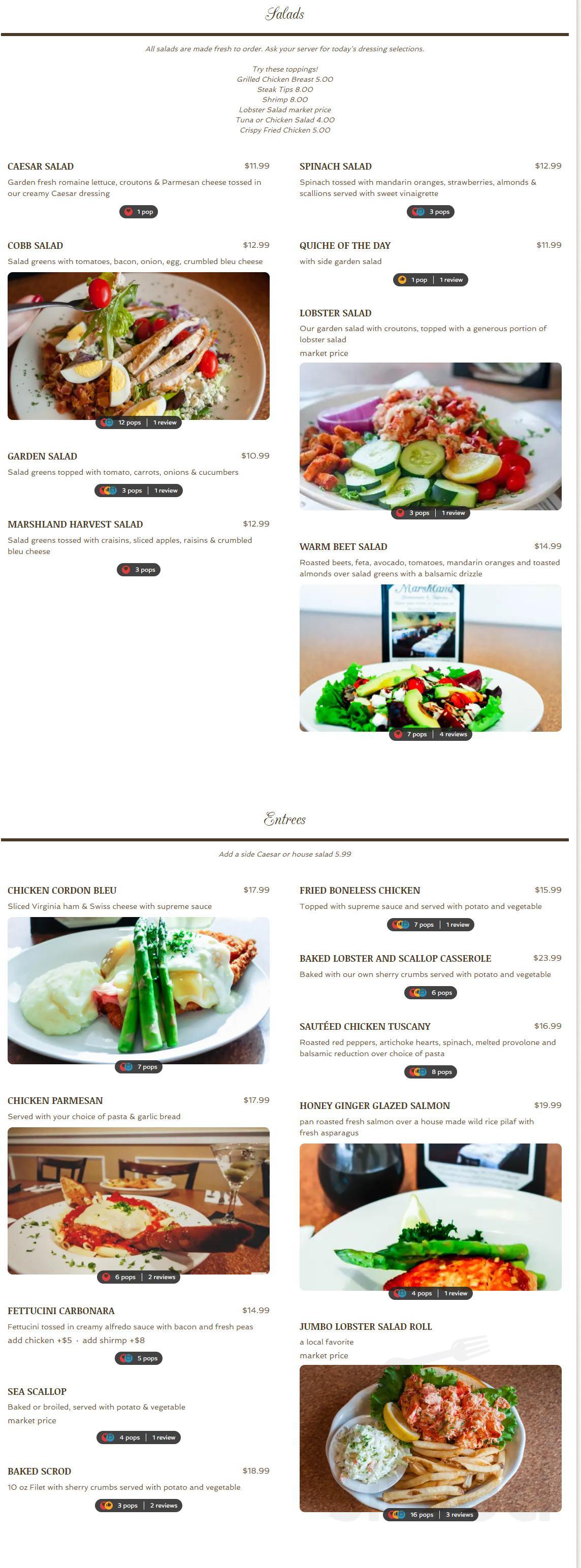 Menu - Plymouth MA's Marshland Restaurants & Bakeries | Sirved