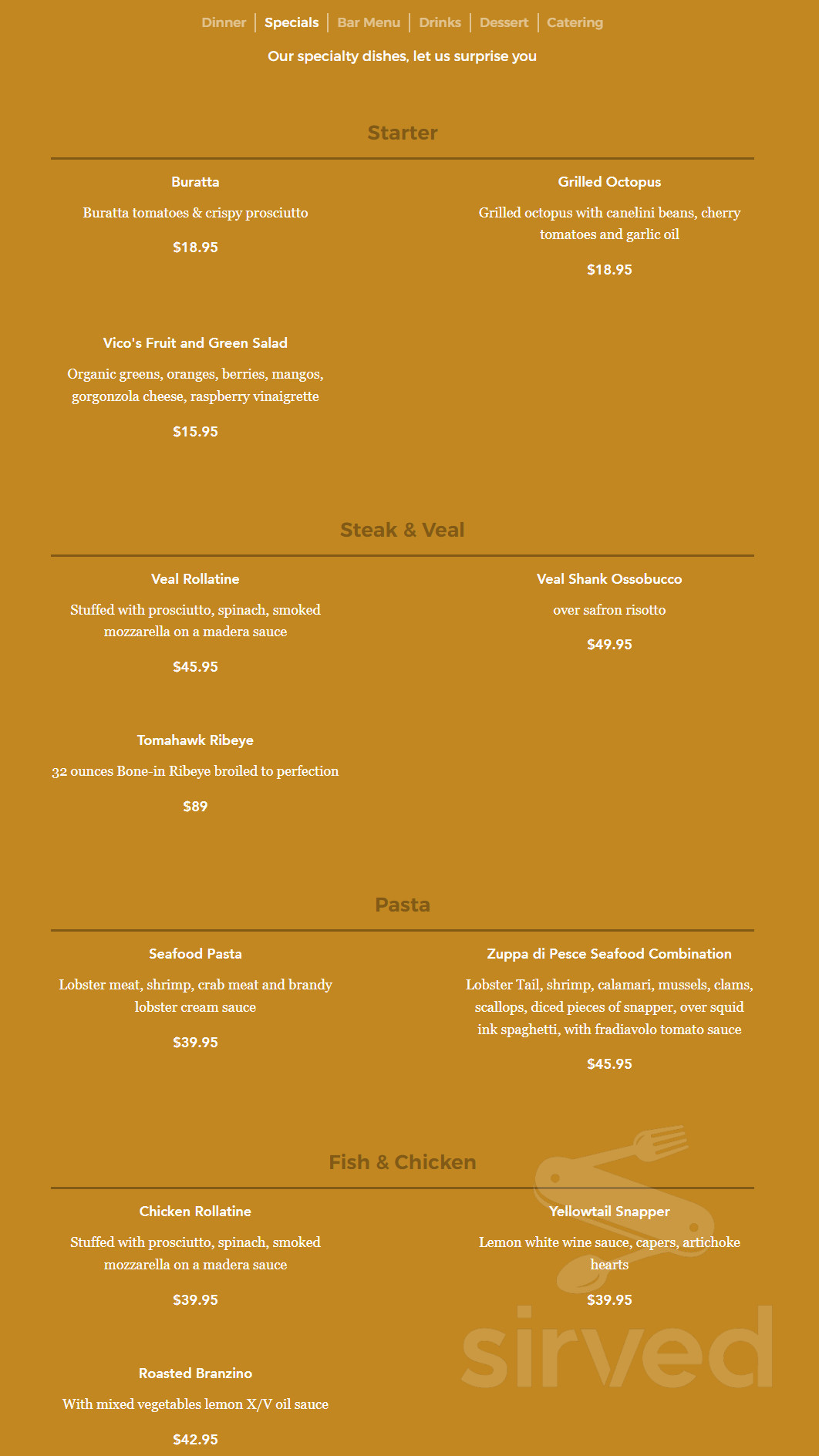 CAFE VICO RESTAURANT OCEAN menu in Fort Lauderdale, Florida, USA