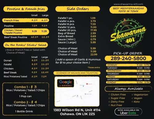 Shawarma 401 menu in Oshawa, Ontario, Canada