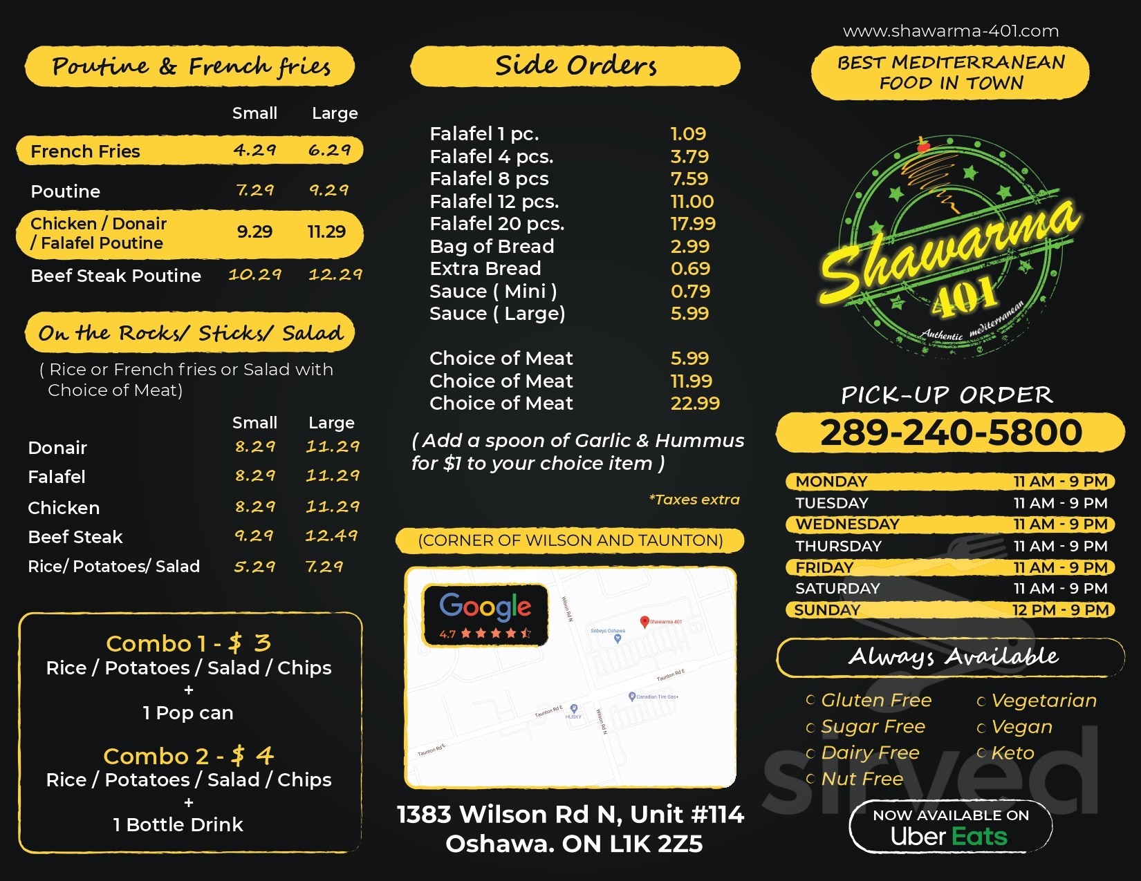 Shawarma 401 menu in Oshawa, Ontario, Canada
