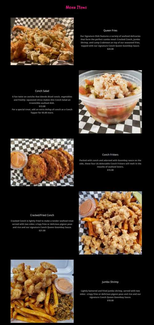 The conch queen menu in Ocoee, Florida, USA