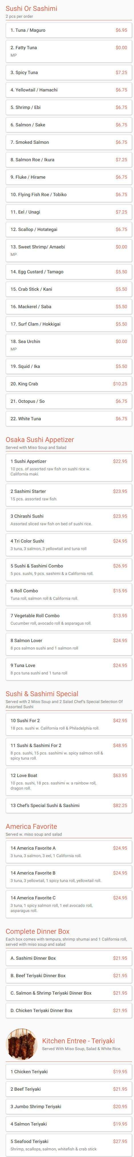 Osaka Japanese Sushi & Hibachi Restaurant menu in Eden Prairie ...