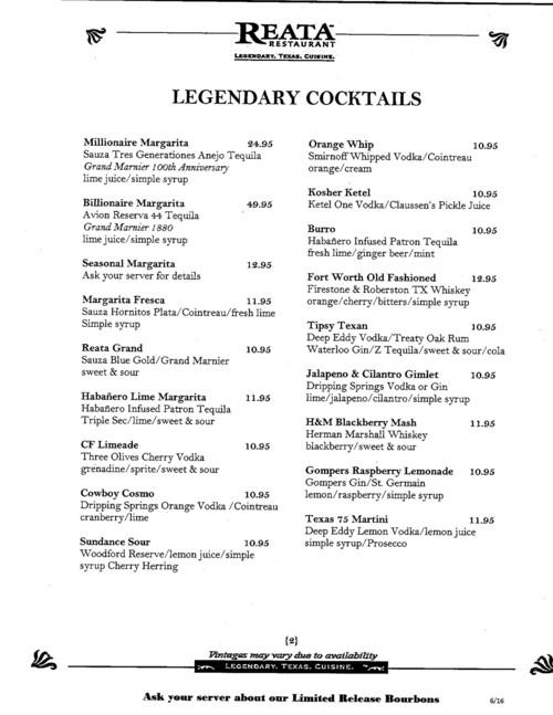 Reata Restaurant menu in Fort Worth, Texas, USA