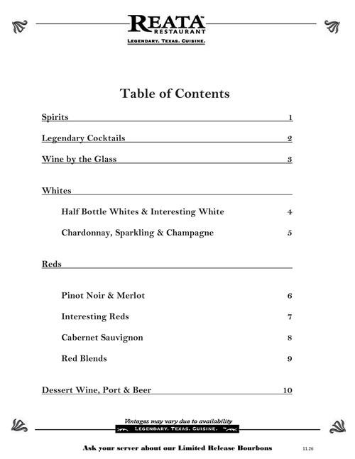 Reata Restaurant menu in Fort Worth, Texas, USA
