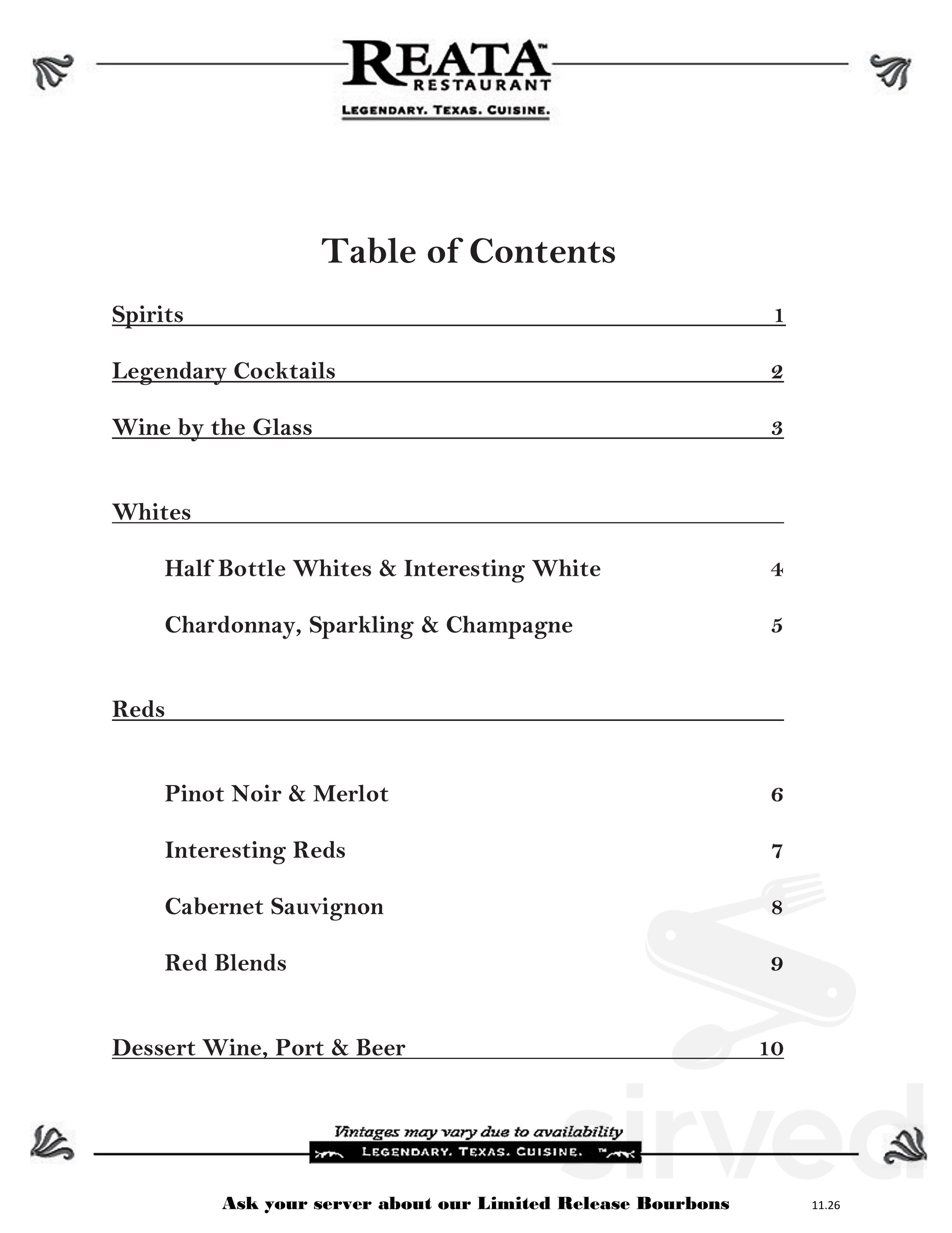 Reata Restaurant menu in Fort Worth, Texas, USA