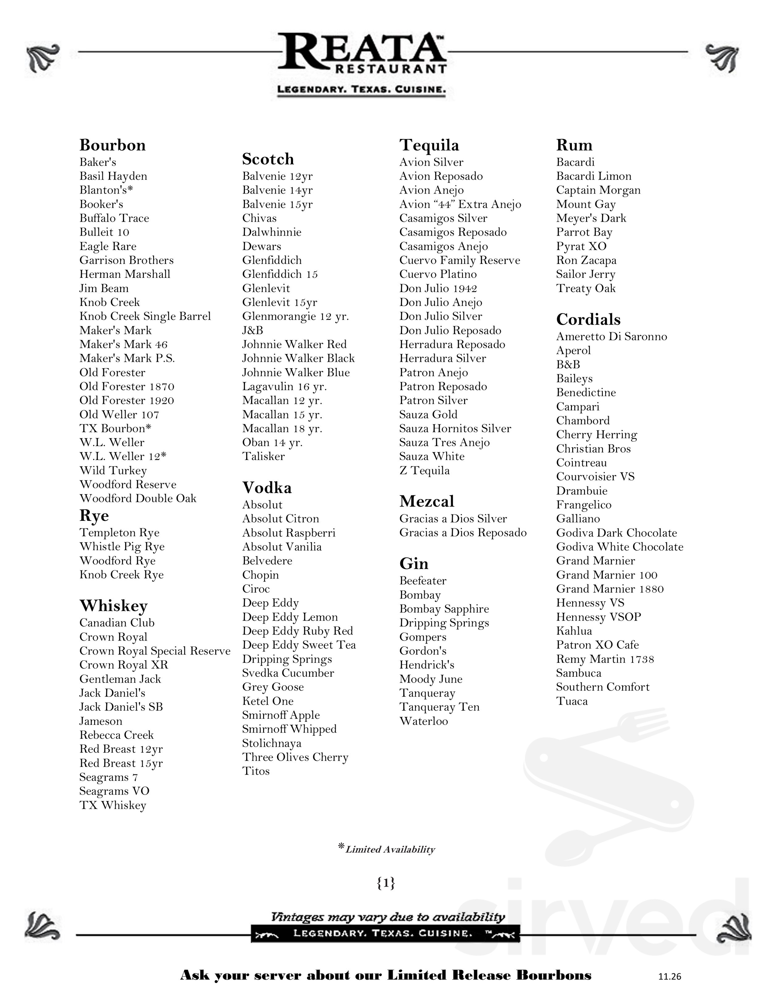 Reata Restaurant menu in Fort Worth, Texas, USA