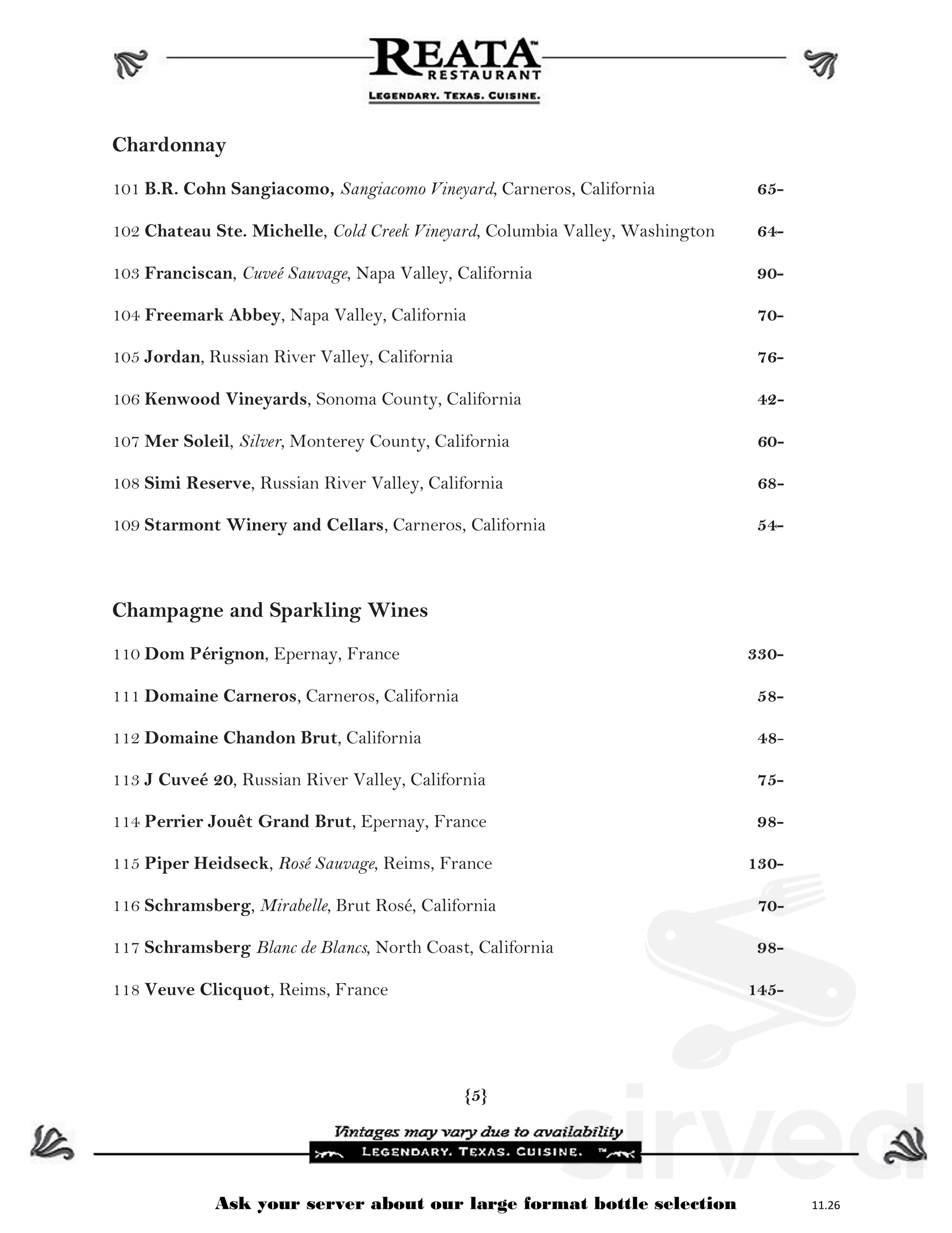 Reata Restaurant menu in Fort Worth, Texas, USA