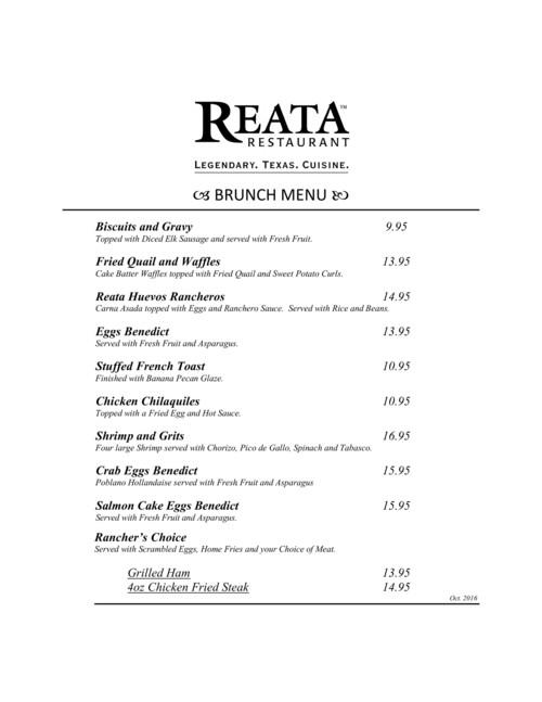 Reata Restaurant menu in Fort Worth, Texas, USA