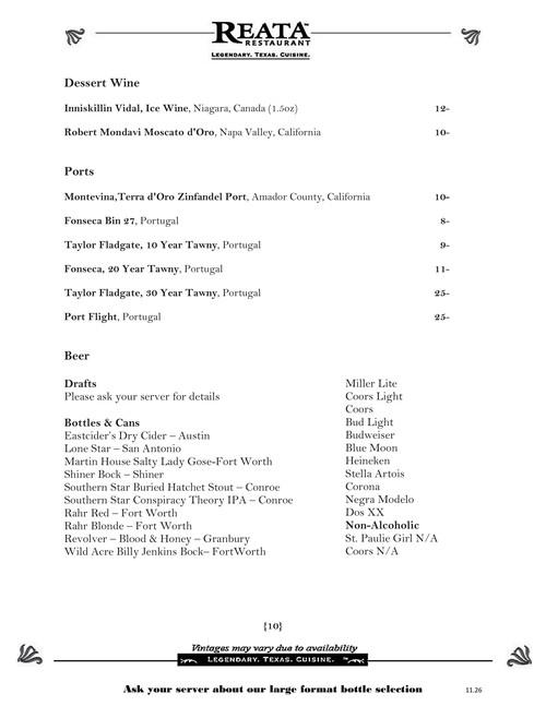 Reata Restaurant menu in Fort Worth, Texas, USA