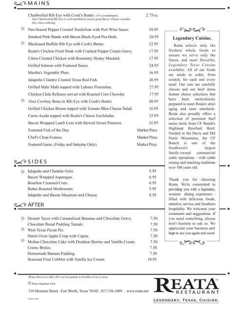 Reata Restaurant menu in Fort Worth, Texas, USA