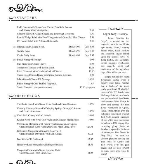 Reata Restaurant menu in Alpine, Texas, USA