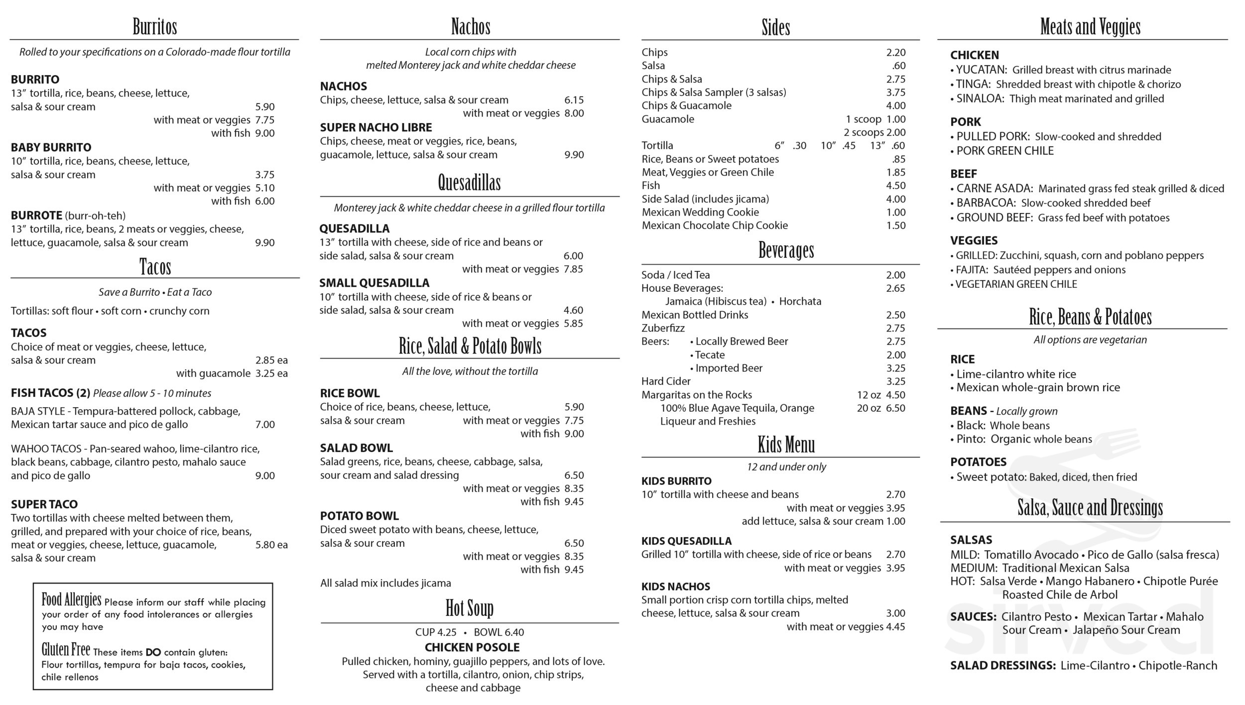 Zia Taqueria menu in Durango, Colorado, USA