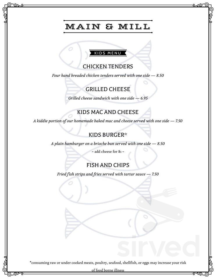 Main & Mill Oyster Bar & Tavern menu in Winterville, North Carolina, USA