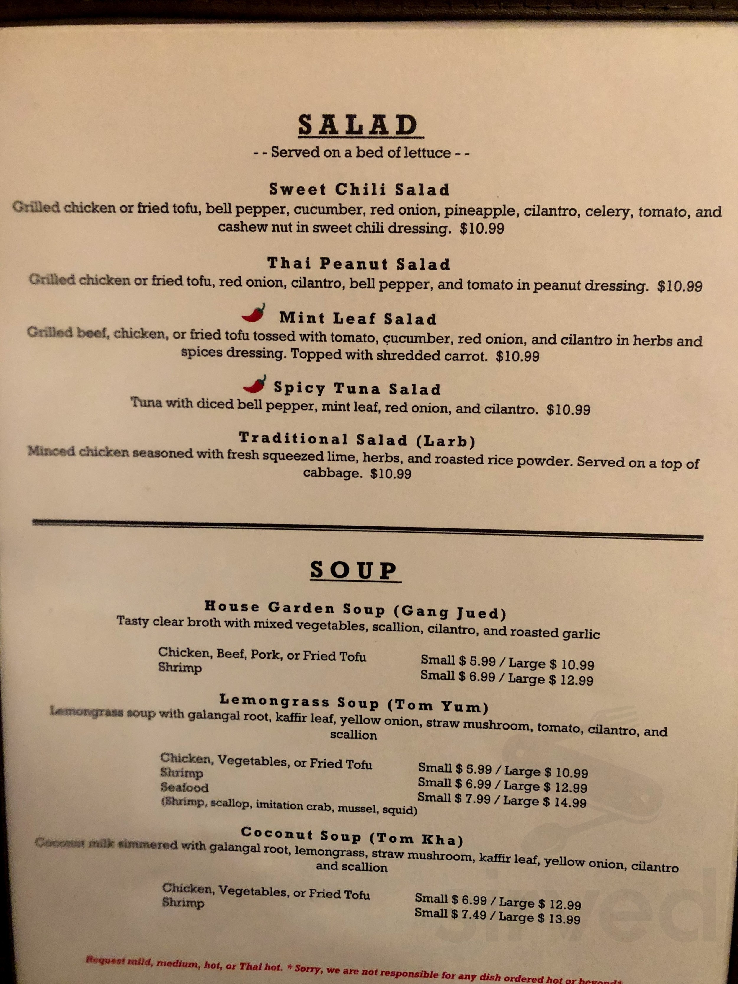 Tuptim Thai Restaurant menu in Topeka, Kansas, USA