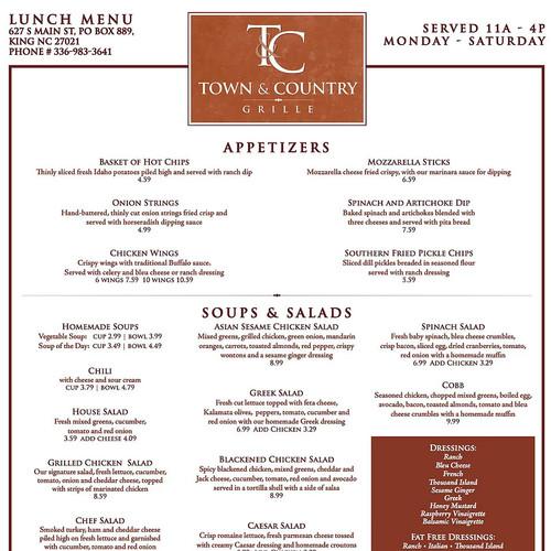 Town & Country Restaurant menu in King, North Carolina, USA