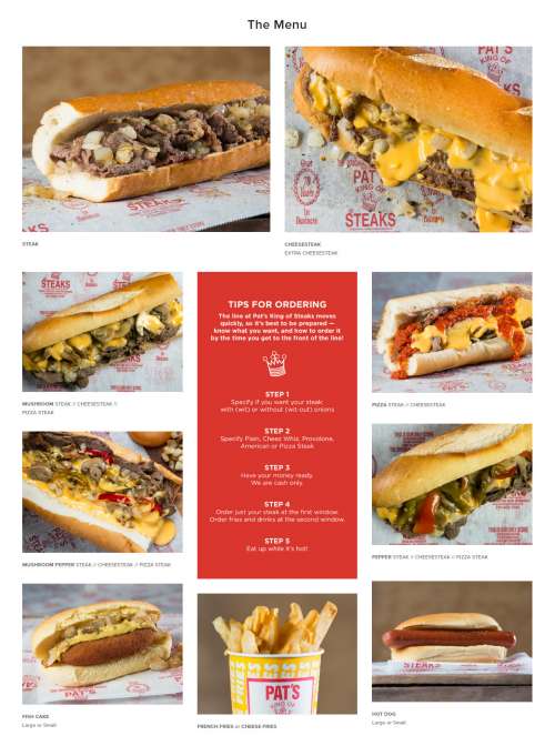 Pat's King of Steaks menu in Philadelphia, Pennsylvania, USA