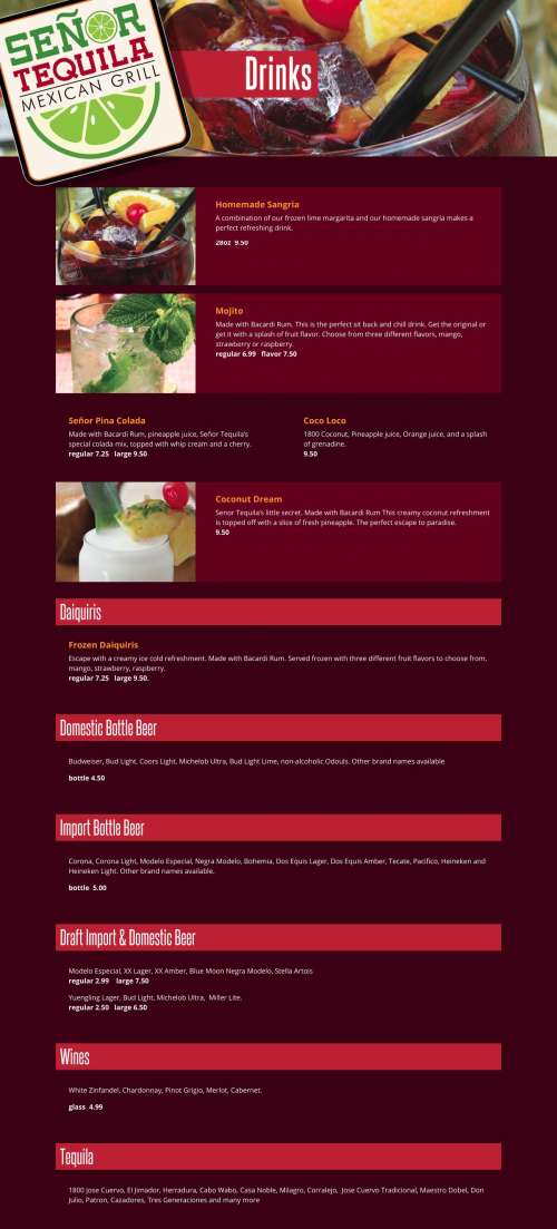 Señor Tequila Mexican Restaurant - Tampa menu in Tampa, Florida, USA
