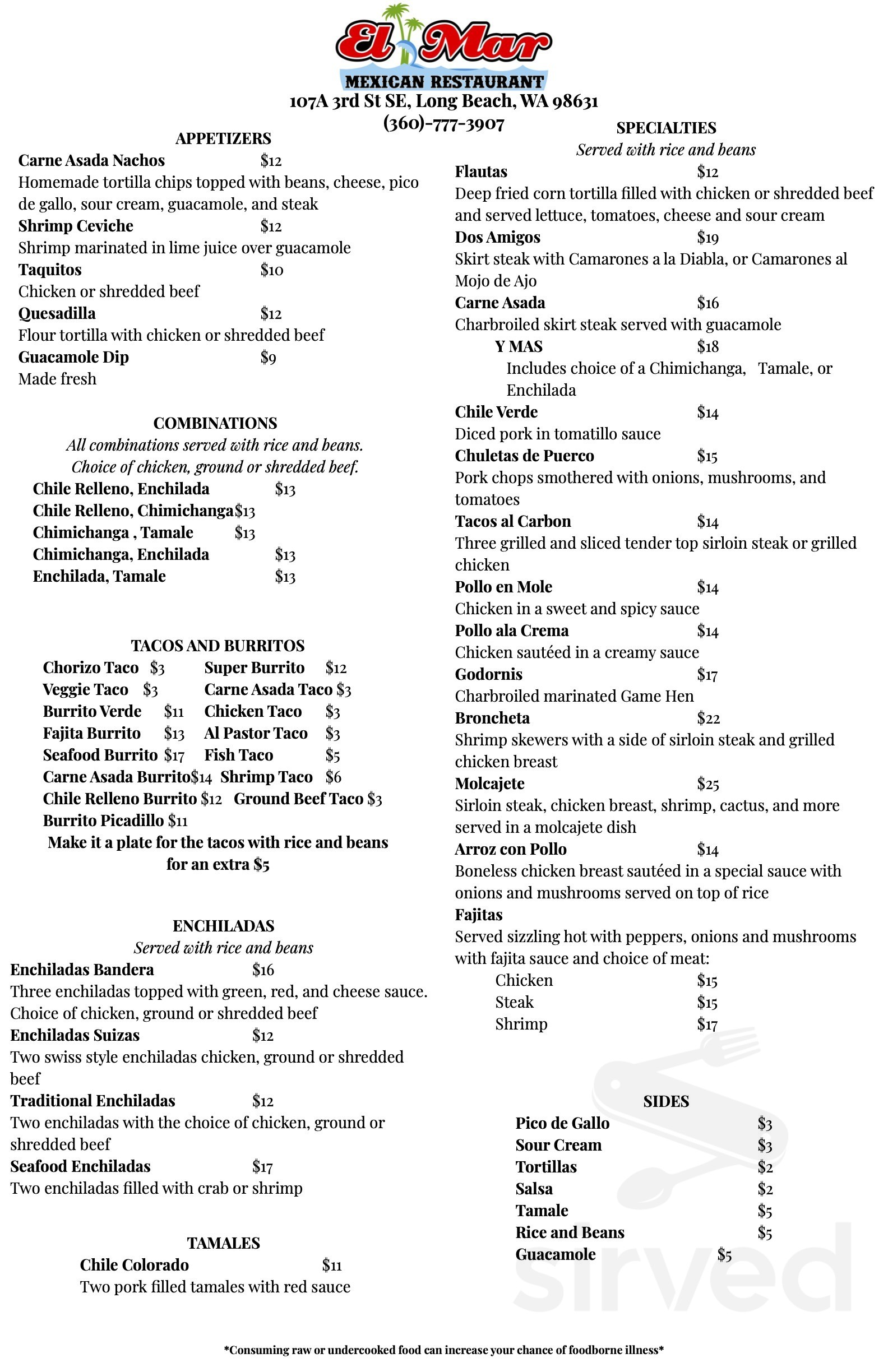 El Mar Mexican Restaurant menu in Long Beach, Washington, USA