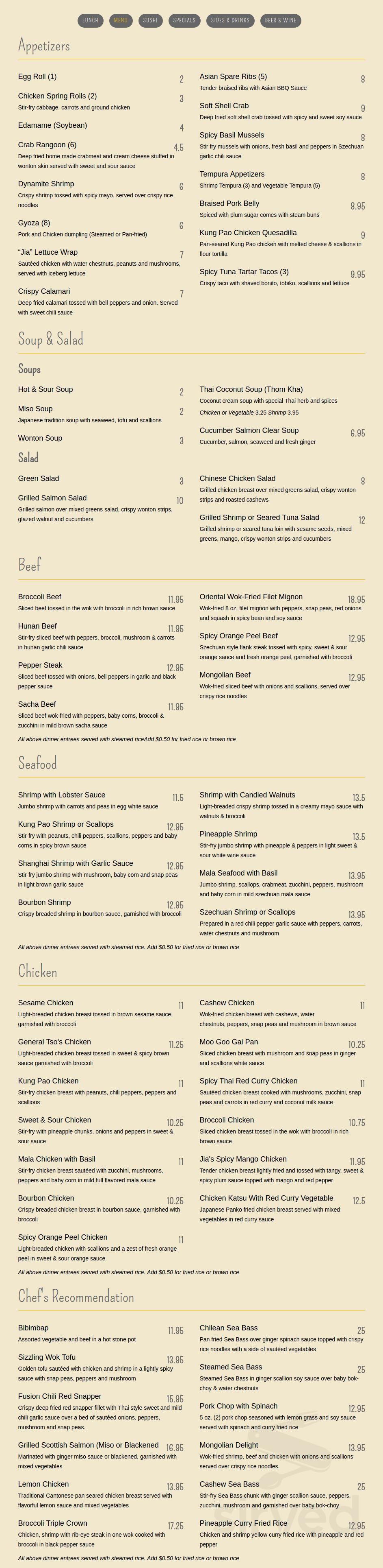 Menu for JIA Asian Fusion & Sushi Bar in Gastonia, NC | Sirved