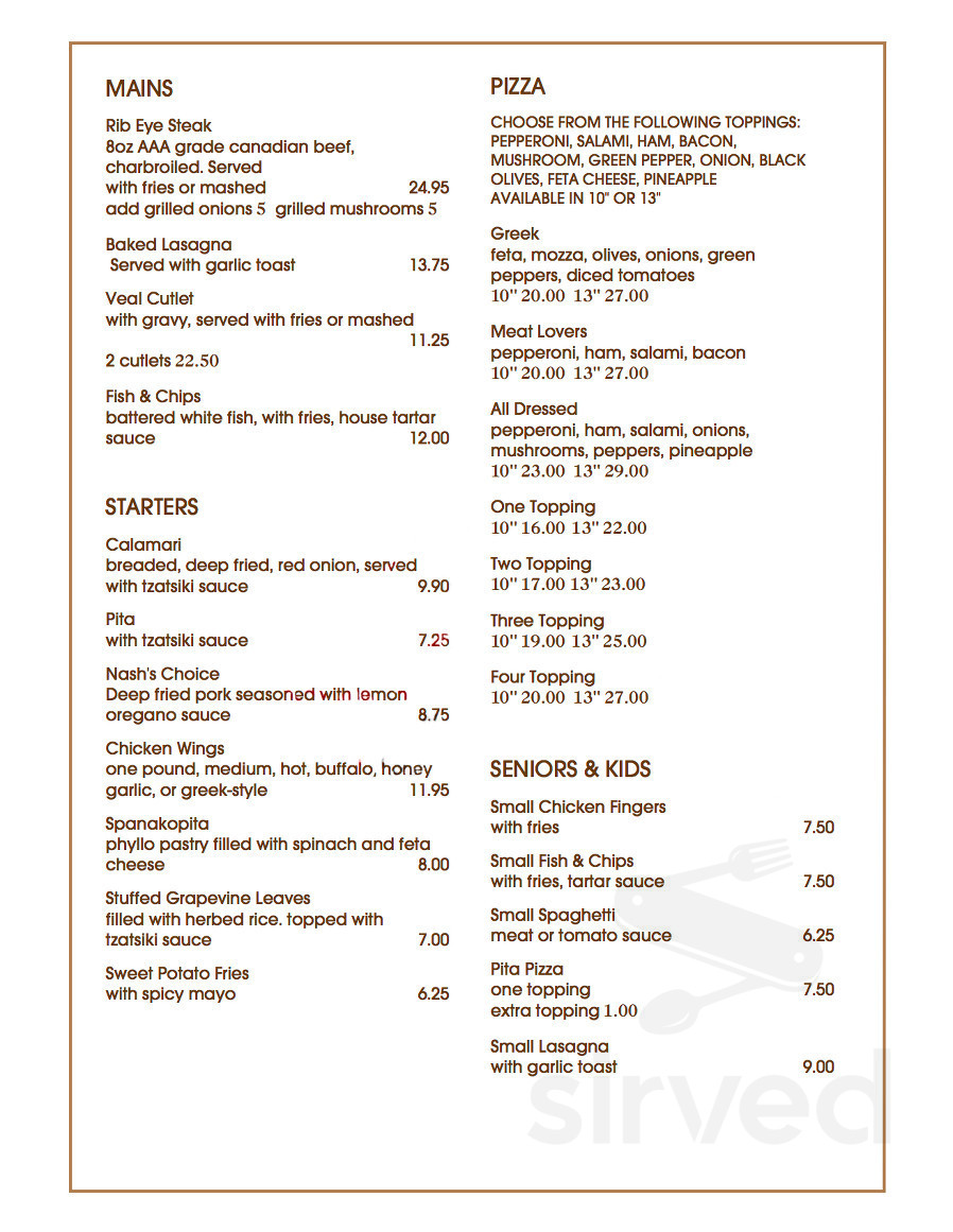 Nash's Restaurant & Lounge menus in Assiniboia, Saskatchewan, Canada