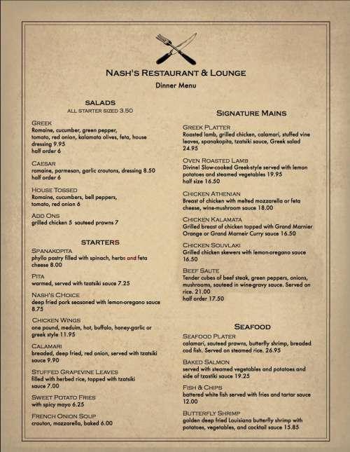 Nash's Restaurant & Lounge menu in Assiniboia, Saskatchewan, Canada