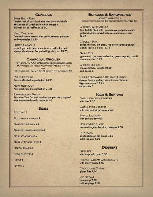 Nash's Restaurant & Lounge menu in Assiniboia, Saskatchewan, Canada