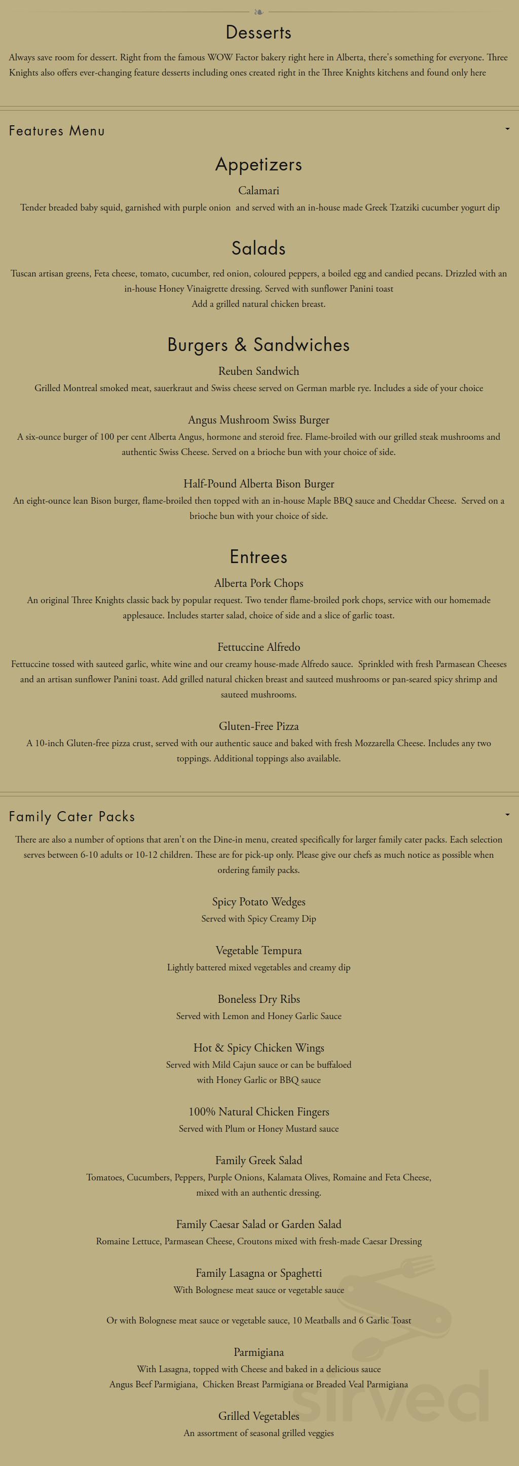Three Knights Steakhouse & Pizza menu in Drayton Valley, Alberta, Canada