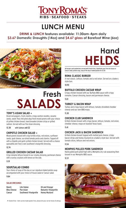 Tony Roma's menu in Edmonton, Alberta, Canada