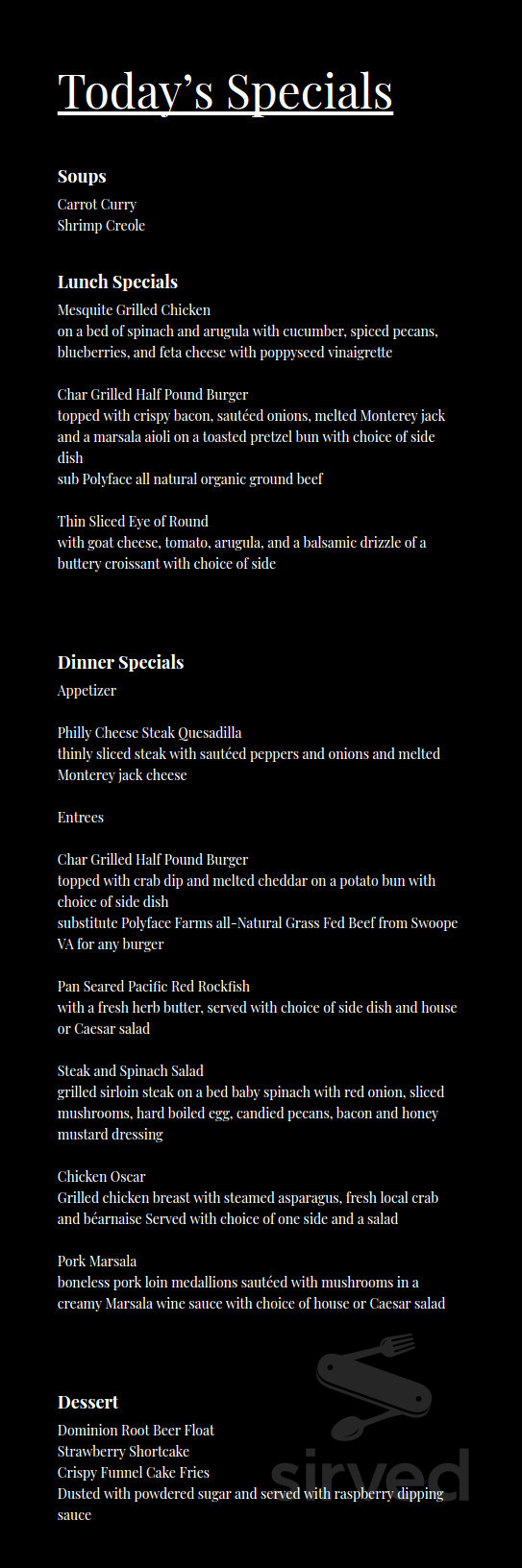 Menu for Depot Grille in Staunton, VA | Sirved