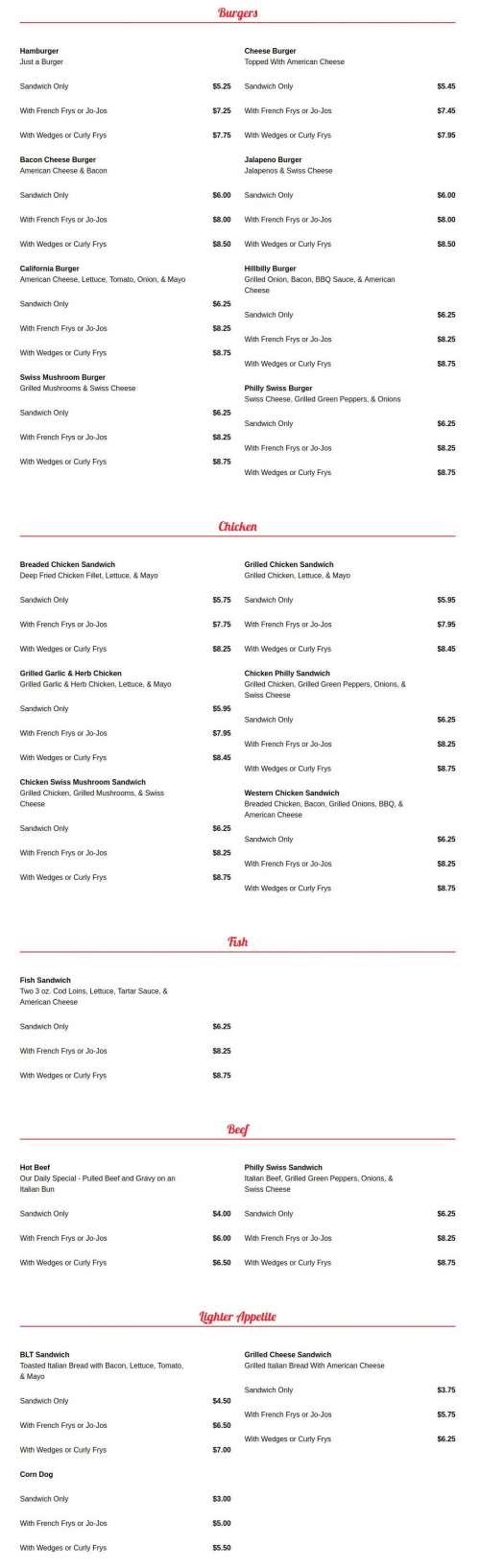 River Inn Bar menu in Chippewa Falls, Wisconsin, USA