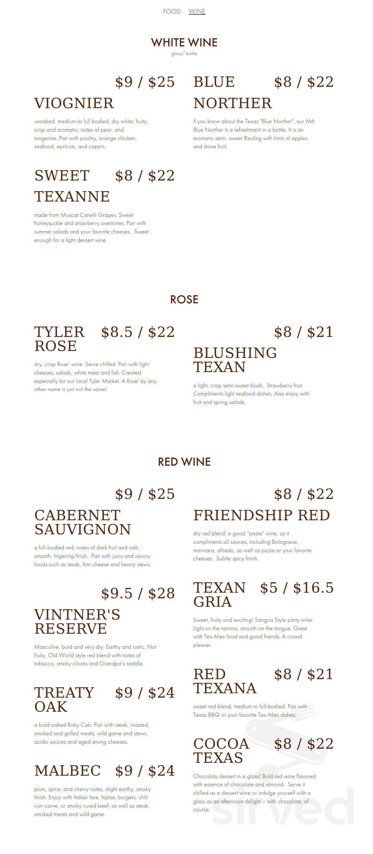 Moody Family Wines menu in Bullard, Texas, USA
