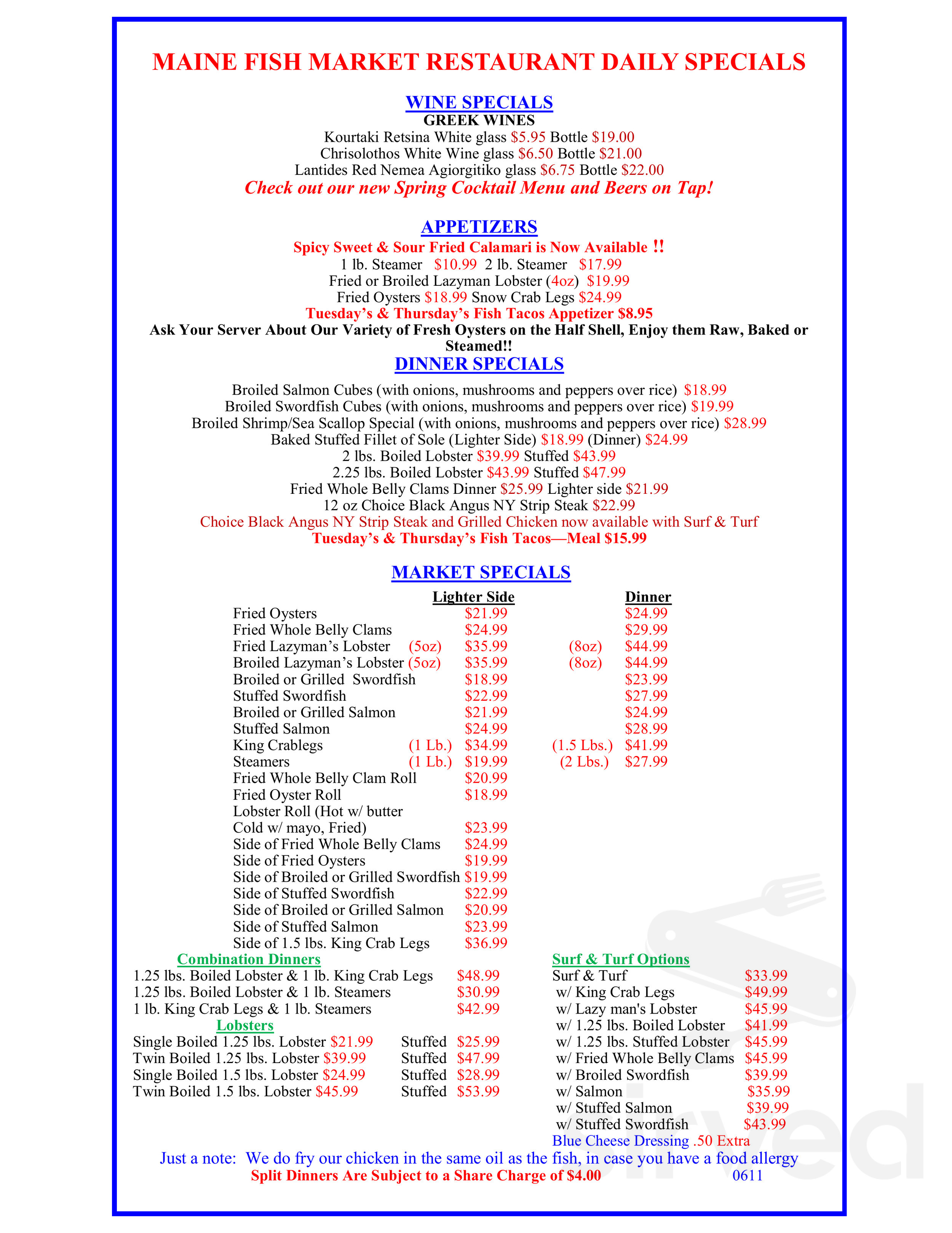 Maine Fish Market Restaurant menu in East Windsor, Connecticut, USA