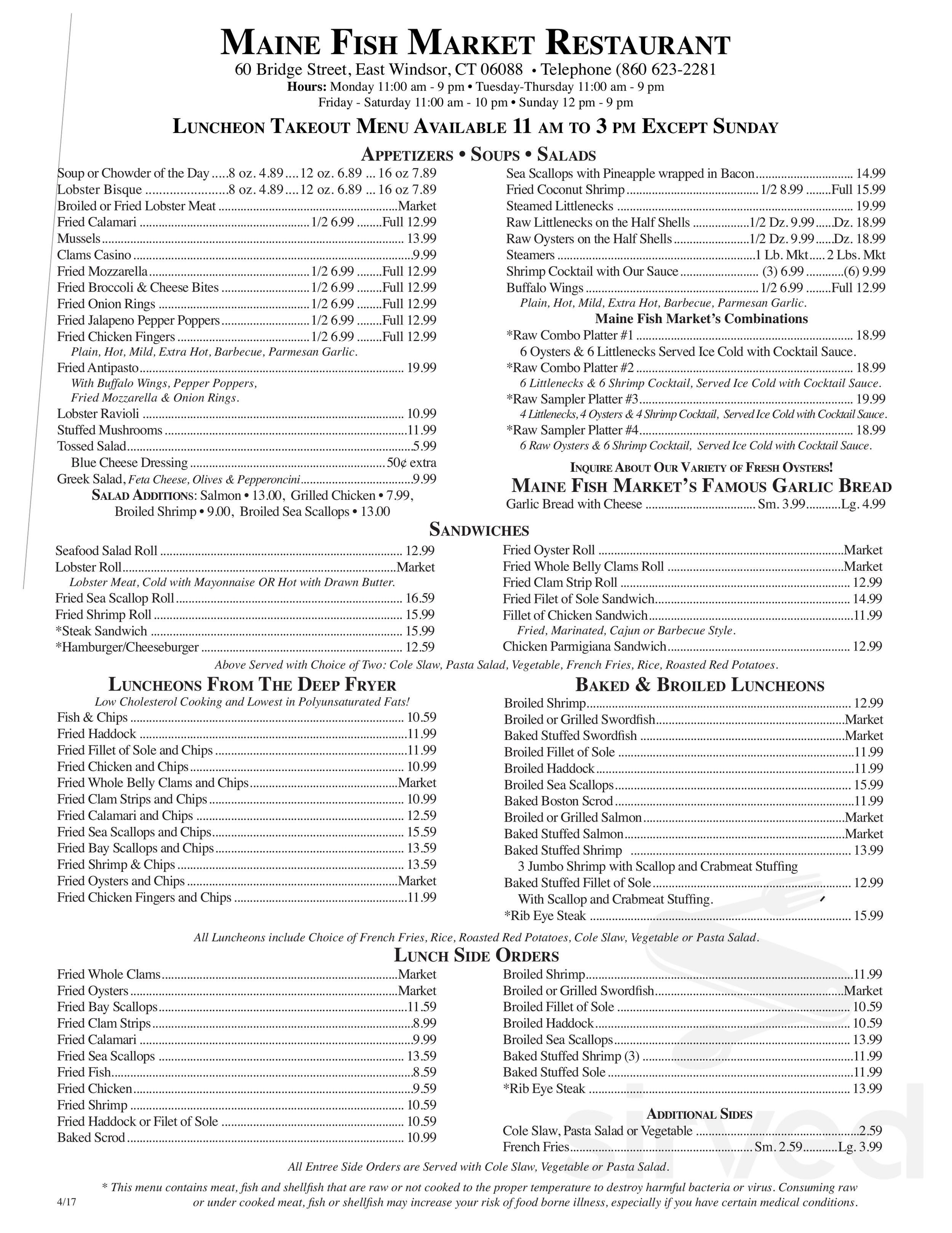 Maine Fish Market Restaurant menu in East Windsor, Connecticut, USA