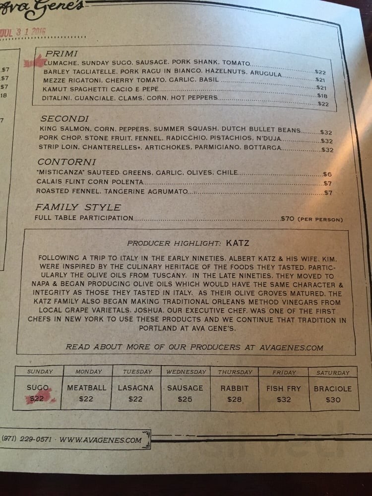 Menu - Portland OR's Ava Gene's | Sirved