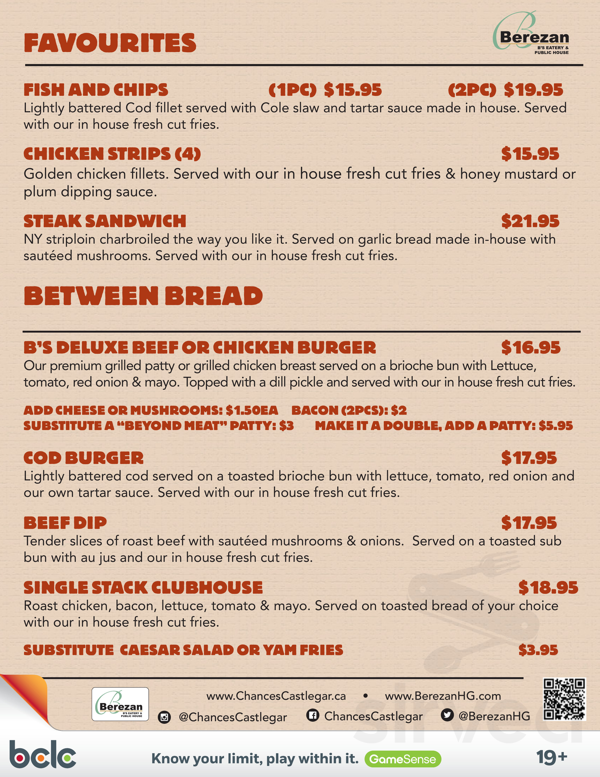 B's Eatery & Public House at Chances menu in Castlegar, British ...