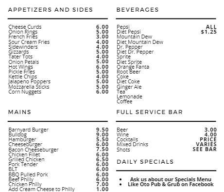 Oto Pub&Grub menu in Oto, Iowa, USA