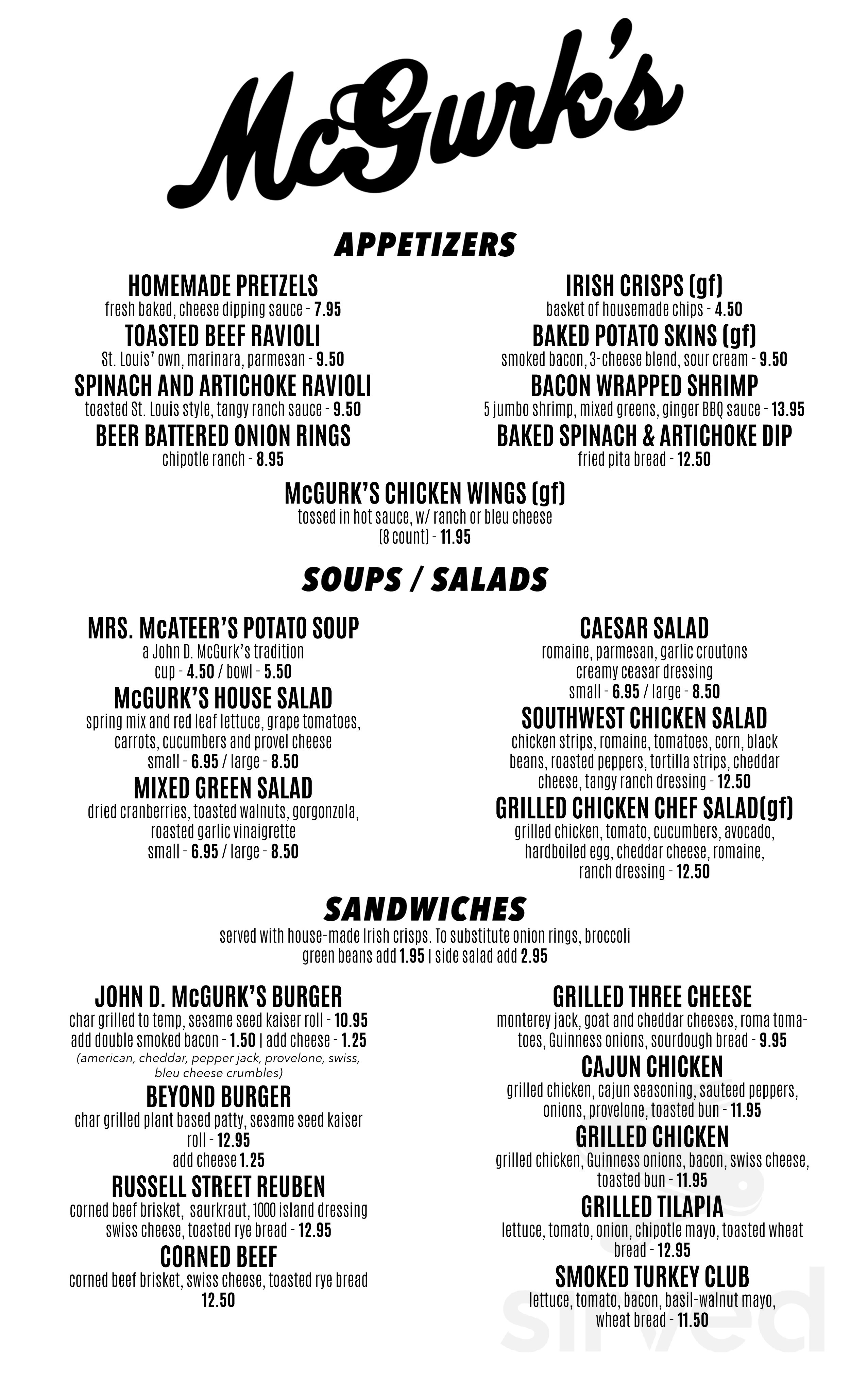 John D. McGurk's Irish Pub and Garden Menu - St. Louis, Missouri | Sirved