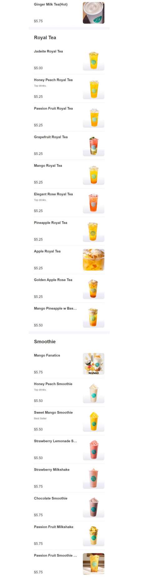 T4 menu in Walnut Creek, California, USA