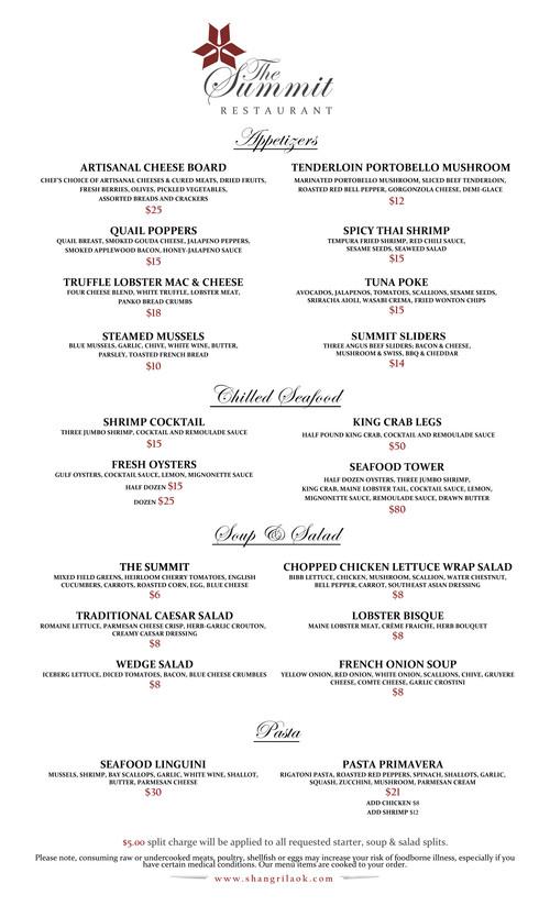 The Summit Restaurant menu in Afton, Oklahoma, USA