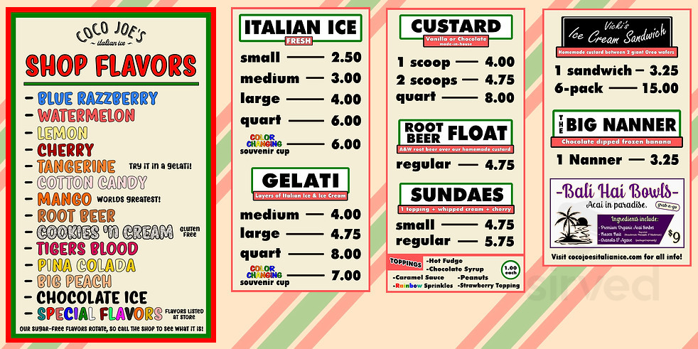 Coco Joe's Italian Ice menu in Bradenton, Florida, USA
