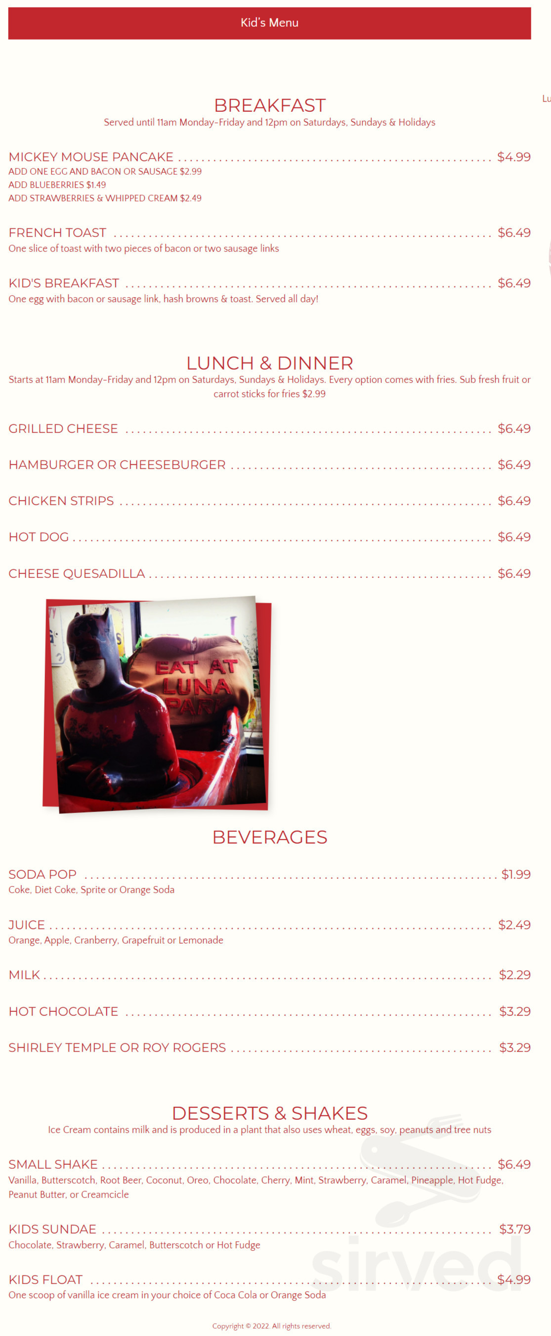 Luna Park Cafe menu in Seattle, Washington, USA