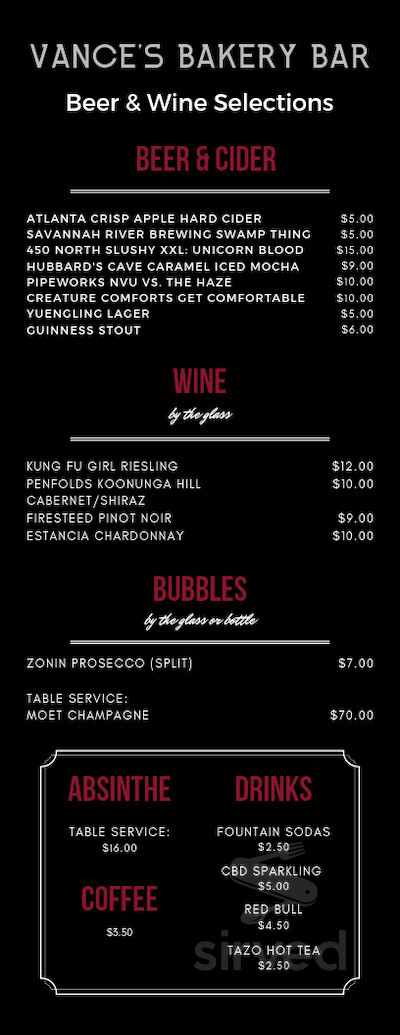 Menu - Augusta GA's Vance's Bakery Bar | Sirved