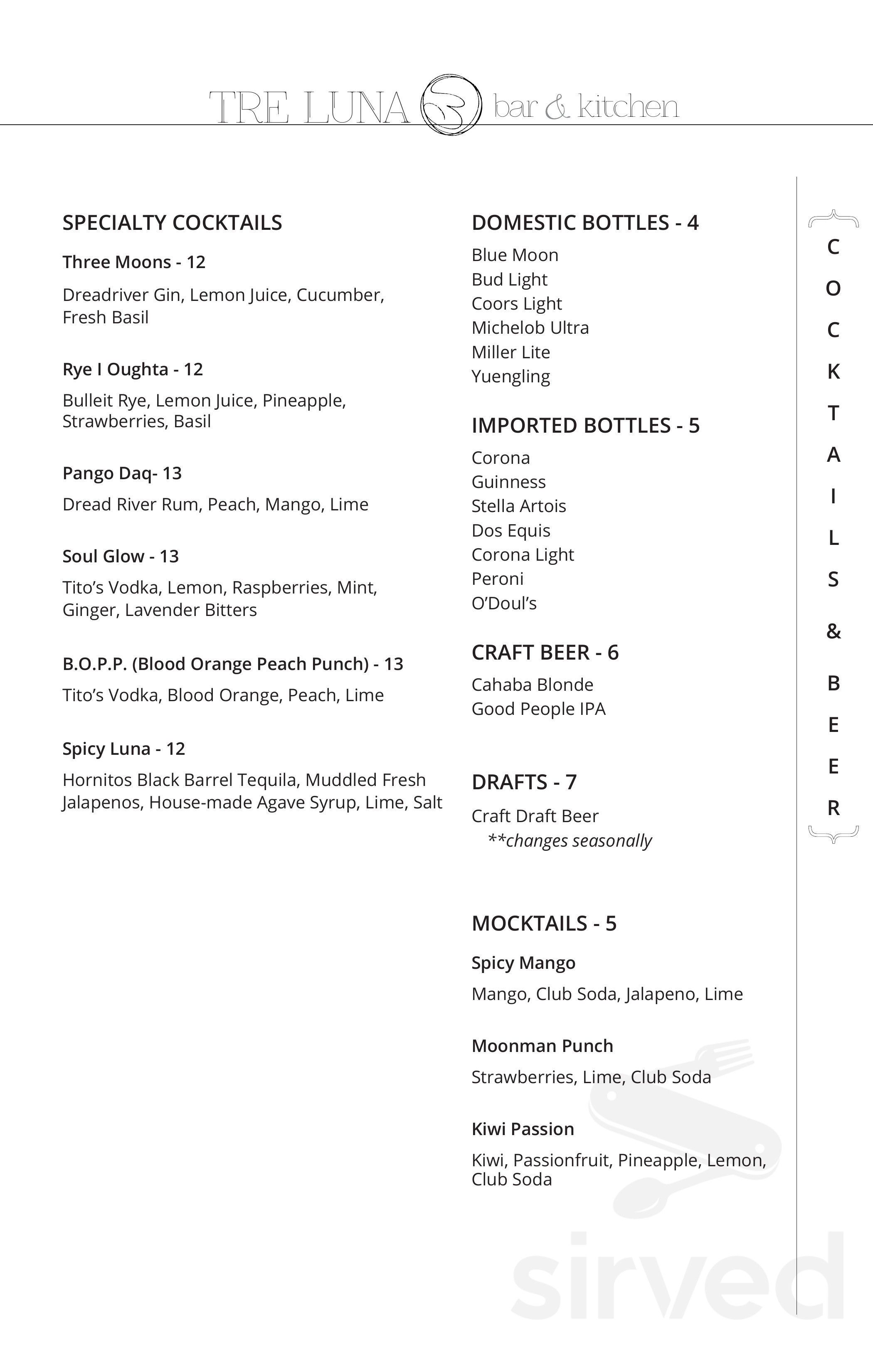 Tre Luna Bar and Kitchen menu in Hoover, Alabama, USA