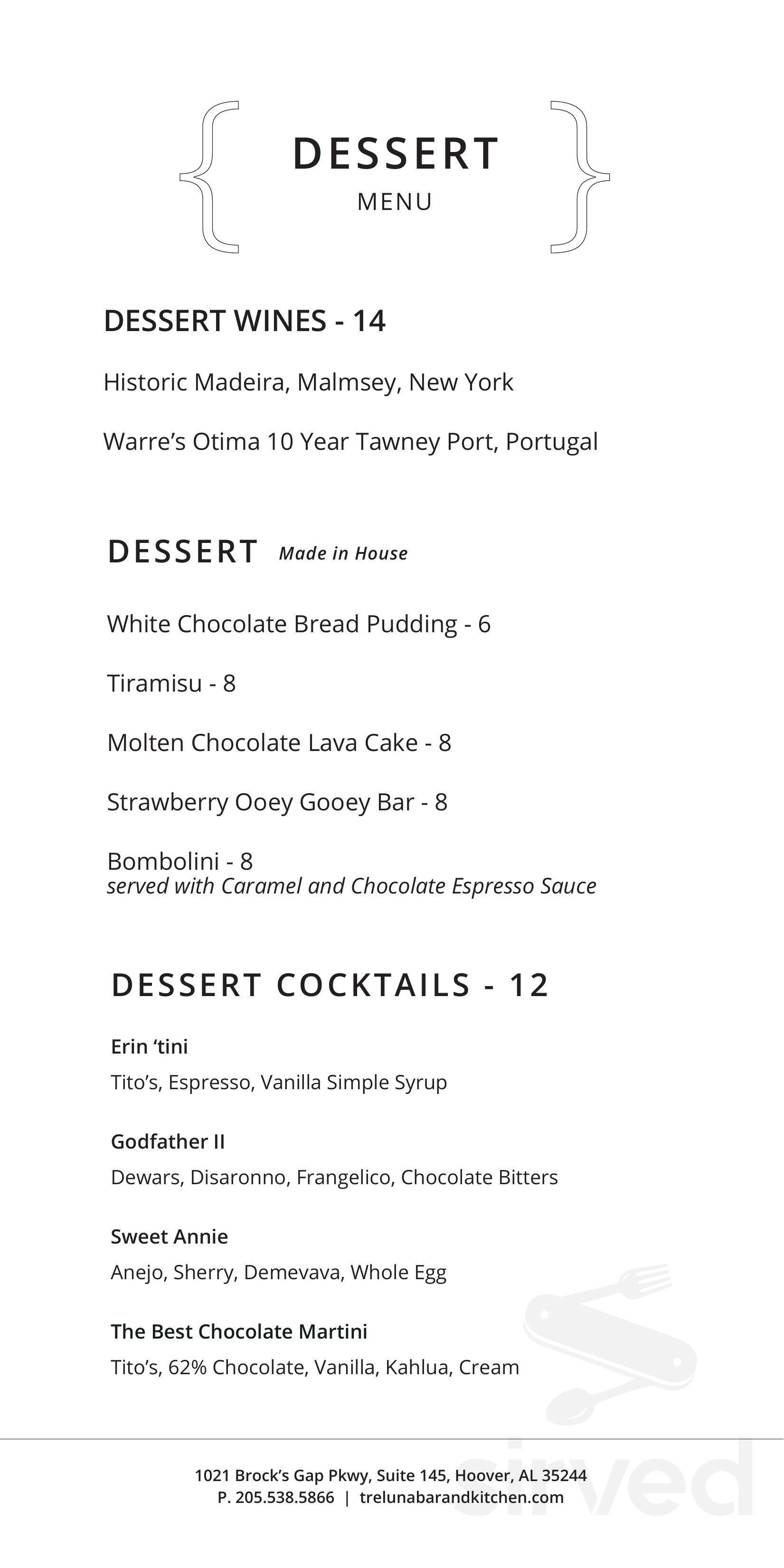 Tre Luna Bar and Kitchen menu in Hoover, Alabama, USA