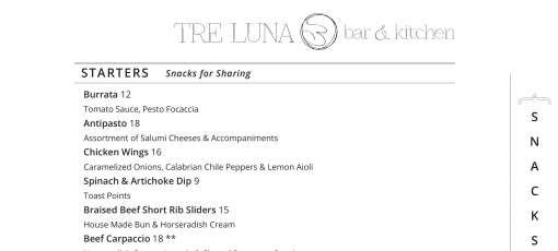 Tre Luna Bar and Kitchen Menu - Hoover, Alabama | Sirved