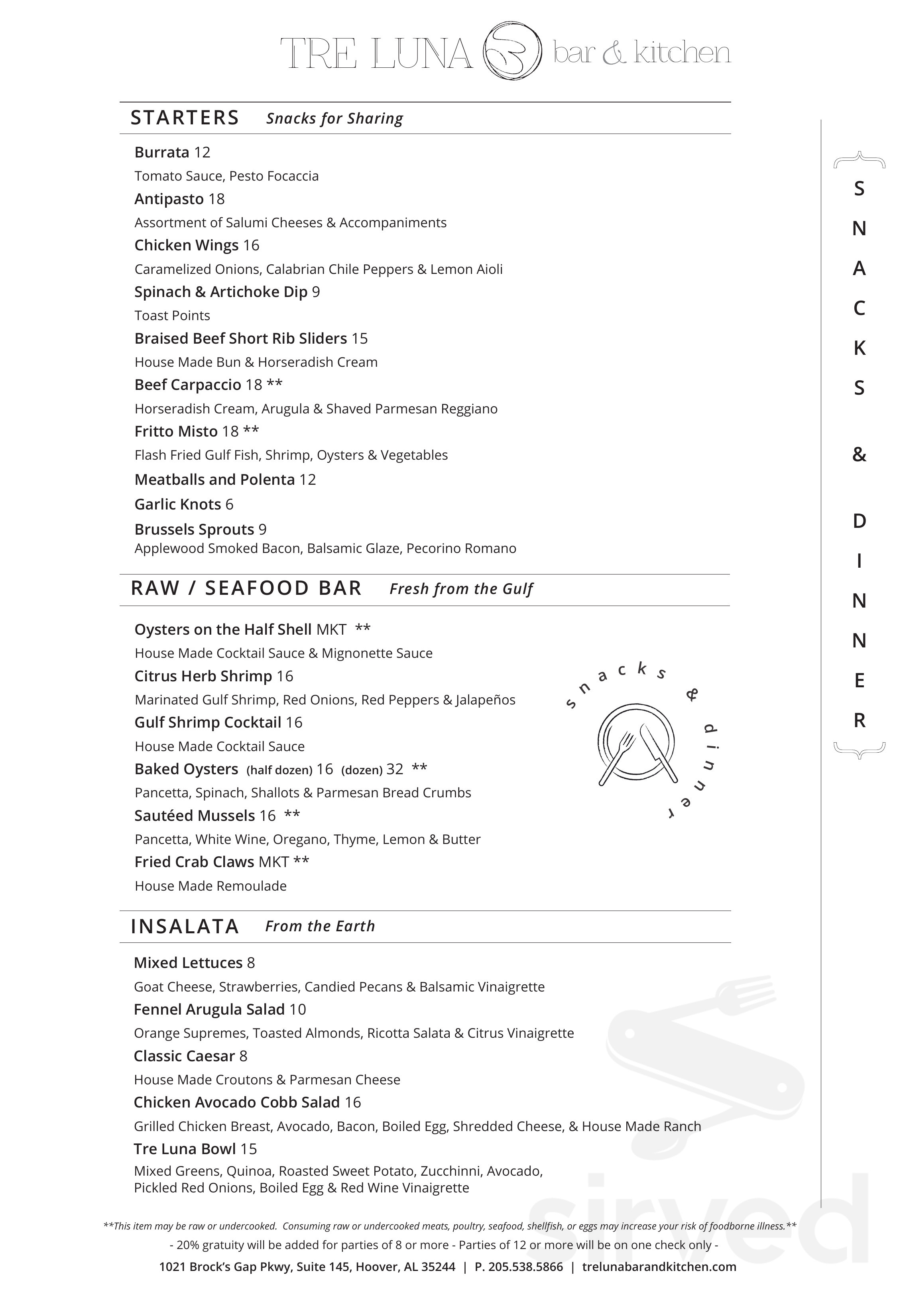 Tre Luna Bar and Kitchen menu in Hoover, Alabama, USA