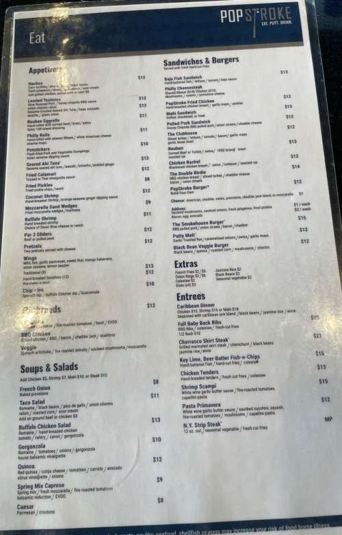 PopStroke menu in Fort Myers, Florida, USA