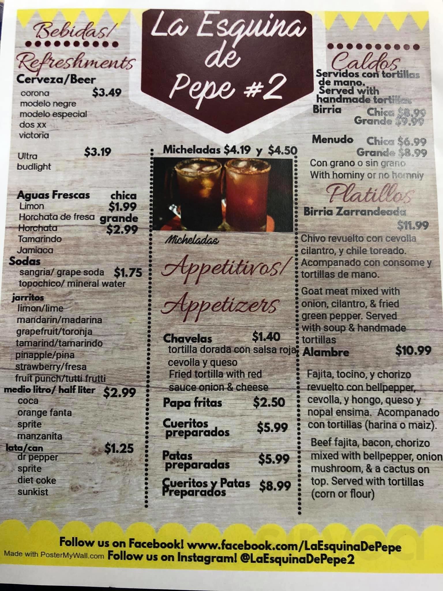 La Esquina De Pepe 2 menu in Irving, Texas, USA