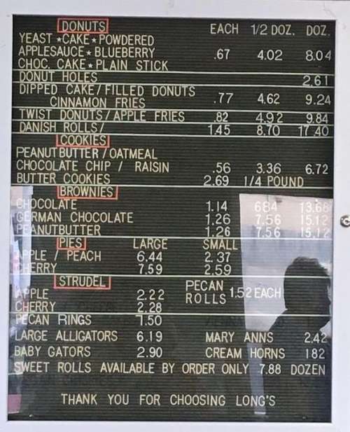 Long's Bakery menu in Indianapolis, Indiana, USA